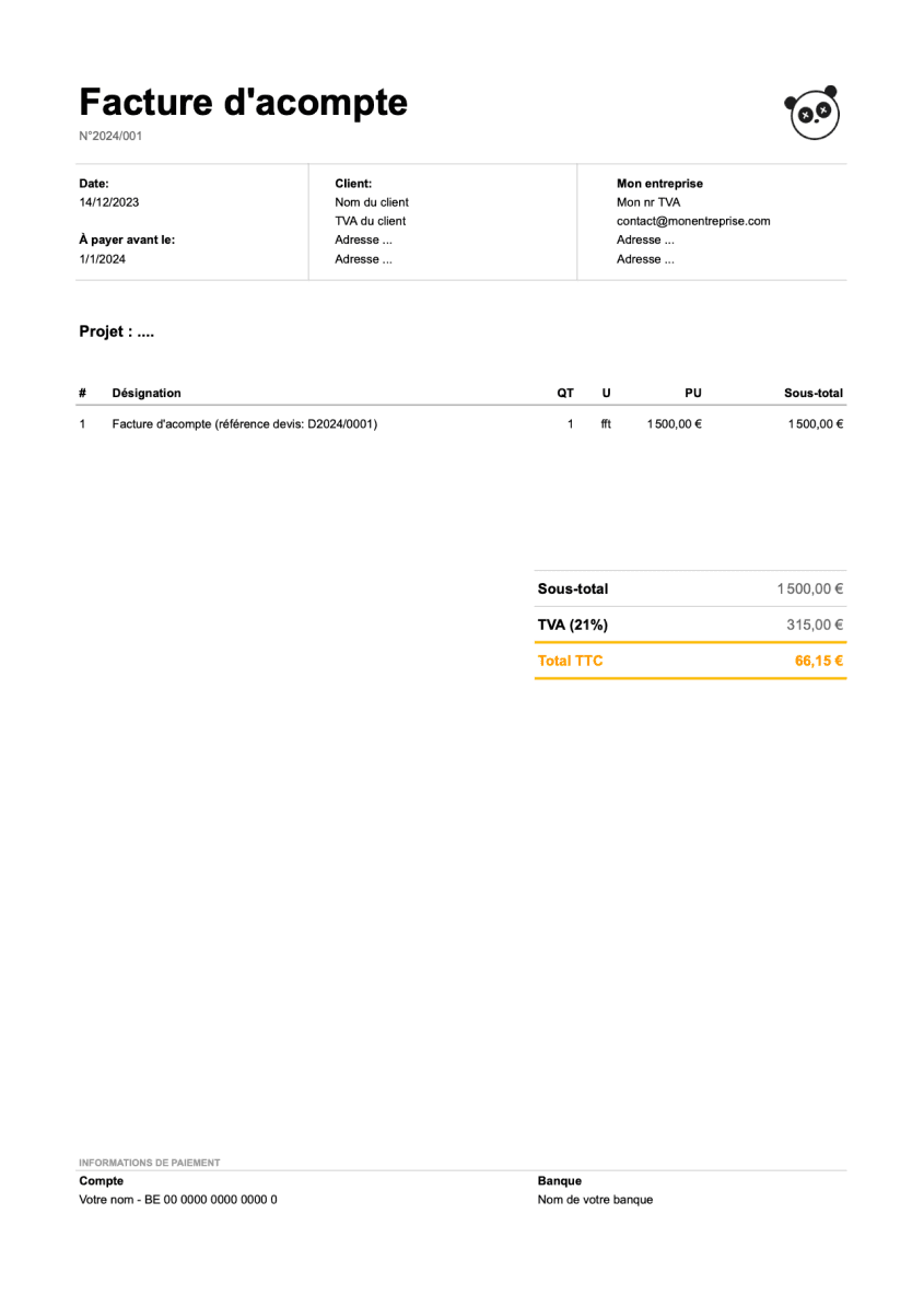 Modèle facture d'acompte : télécharger gratuitement
